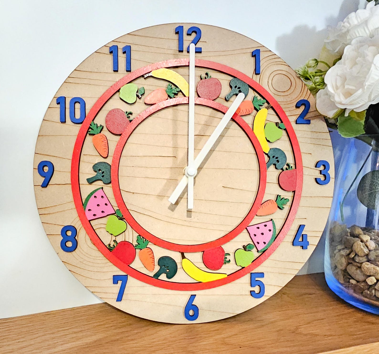Fruit & Vegetable Themed Wall Clock. Bedroom, Nursery Art, Time Teller ...