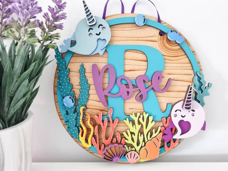 Personalised Narwhal Wreath. Bedroom Decoration / Door Sign / Name ...