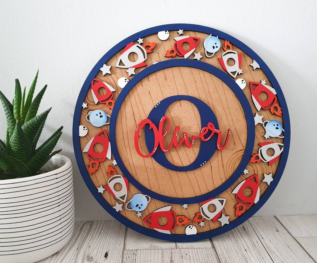 Personalised Space Rocket Circle Plaque. Wall Art, Door Name Sign - Etsy