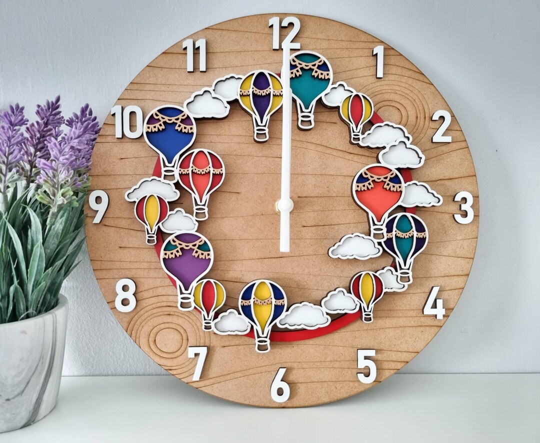 Hot Air Balloon Themed Wall Clock. Bedroom, Nursery Art, Time Teller ...