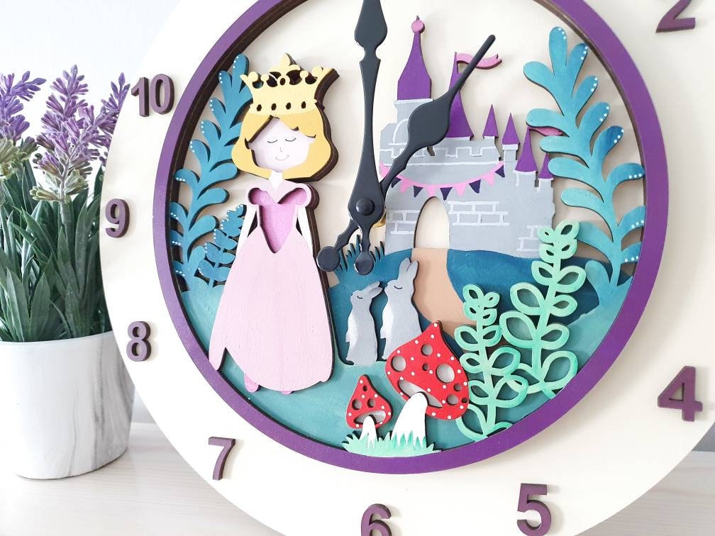 Childrens Princess Themed Wall Clock. Fairytale Castle and Princess ...