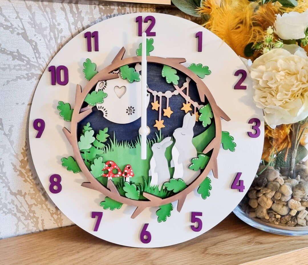 3D Bunny Wall Clock. Moon Gazing Scene, Bedroom Decoration - Etsy