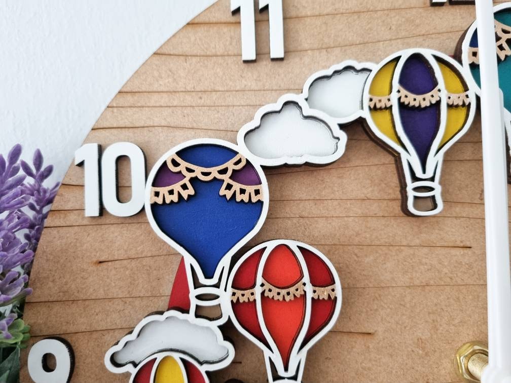 Hot Air Balloon Themed Wall Clock. Bedroom, Nursery Art, Time Teller ...