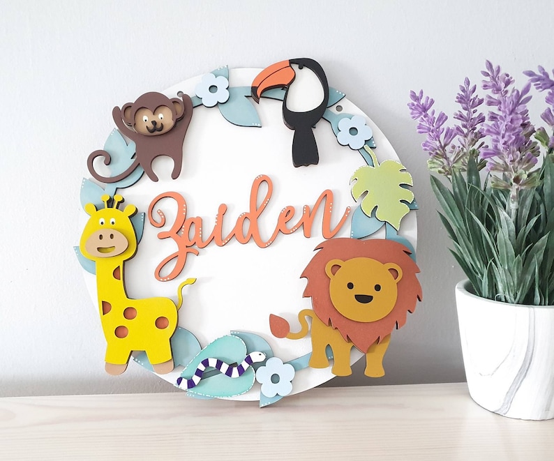Personalised Jungle / Safari Animals Wreath. Monkey, Lion and Giraffe ...