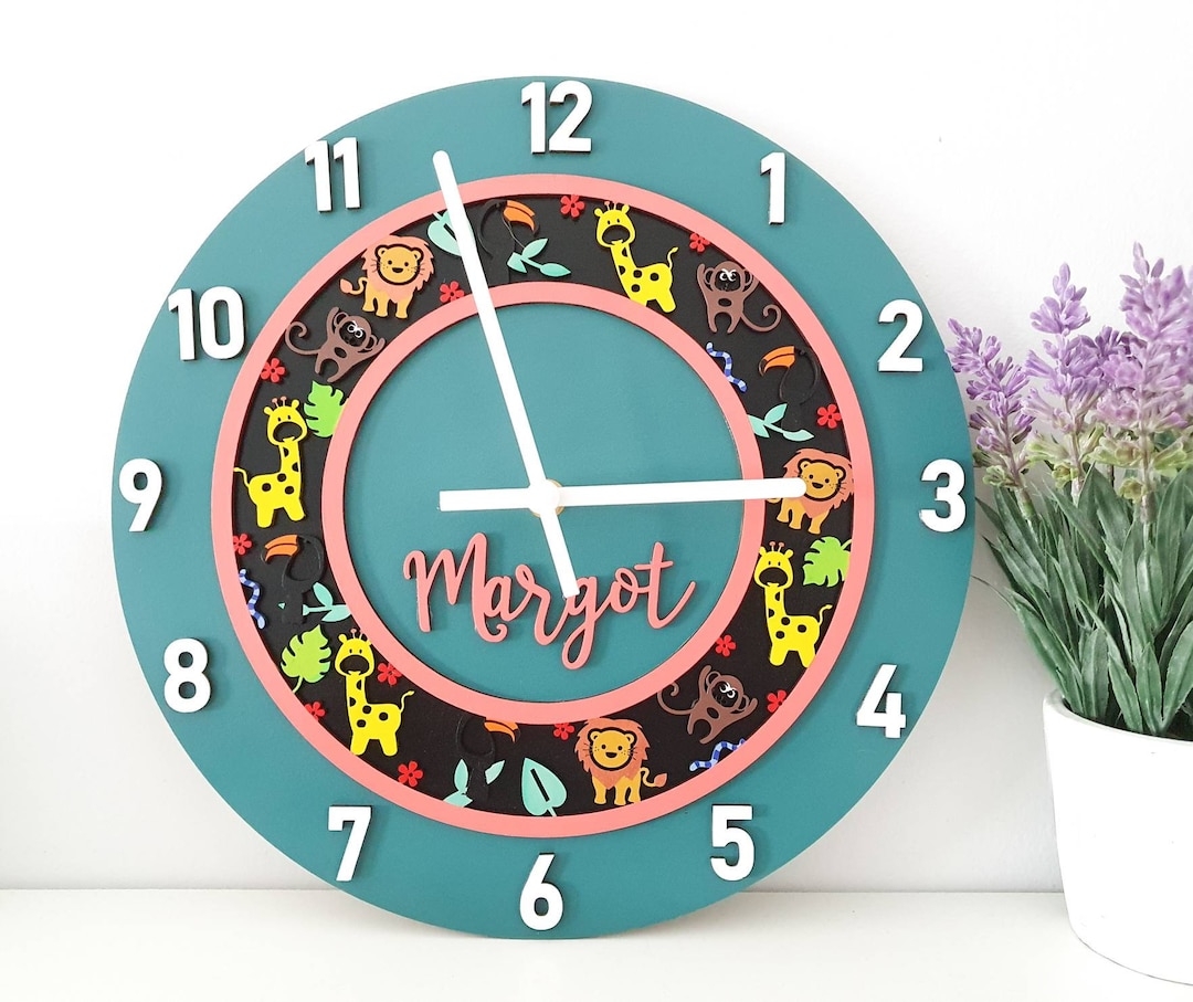 Safari / Jungle Themed Wall Clock. Bedroom, Nursery Art, Time Teller ...