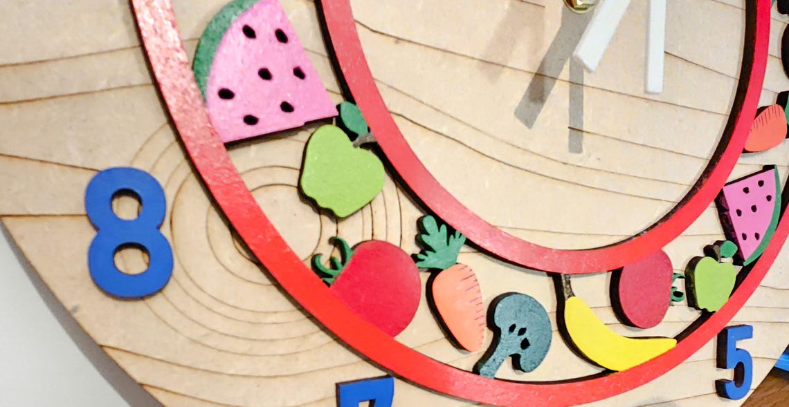 Fruit & Vegetable Themed Wall Clock. Bedroom, Nursery Art, Time Teller ...