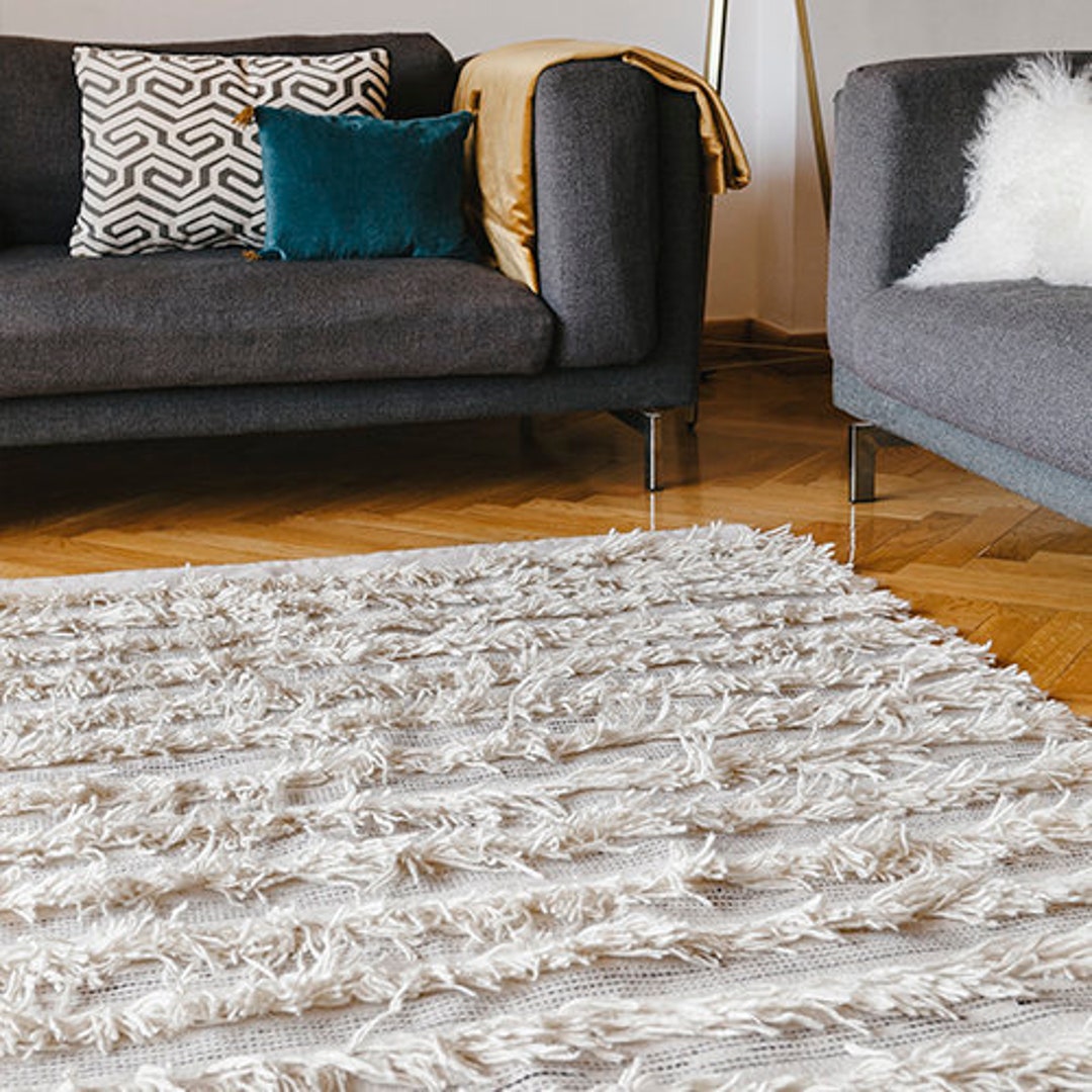 Off White Boho Wool Rug | Handwoven Shag Moroccan Style Rugs | Living ...