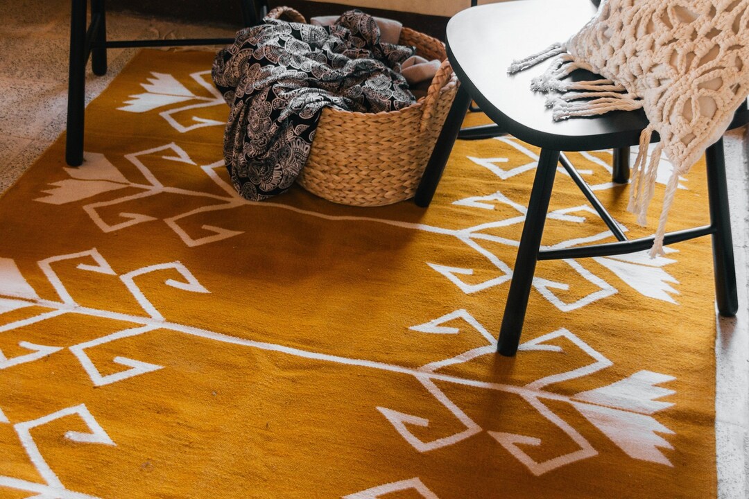 Mustard Yellow Floral Kilim Rug | Wool Area Rug | Handwoven ...
