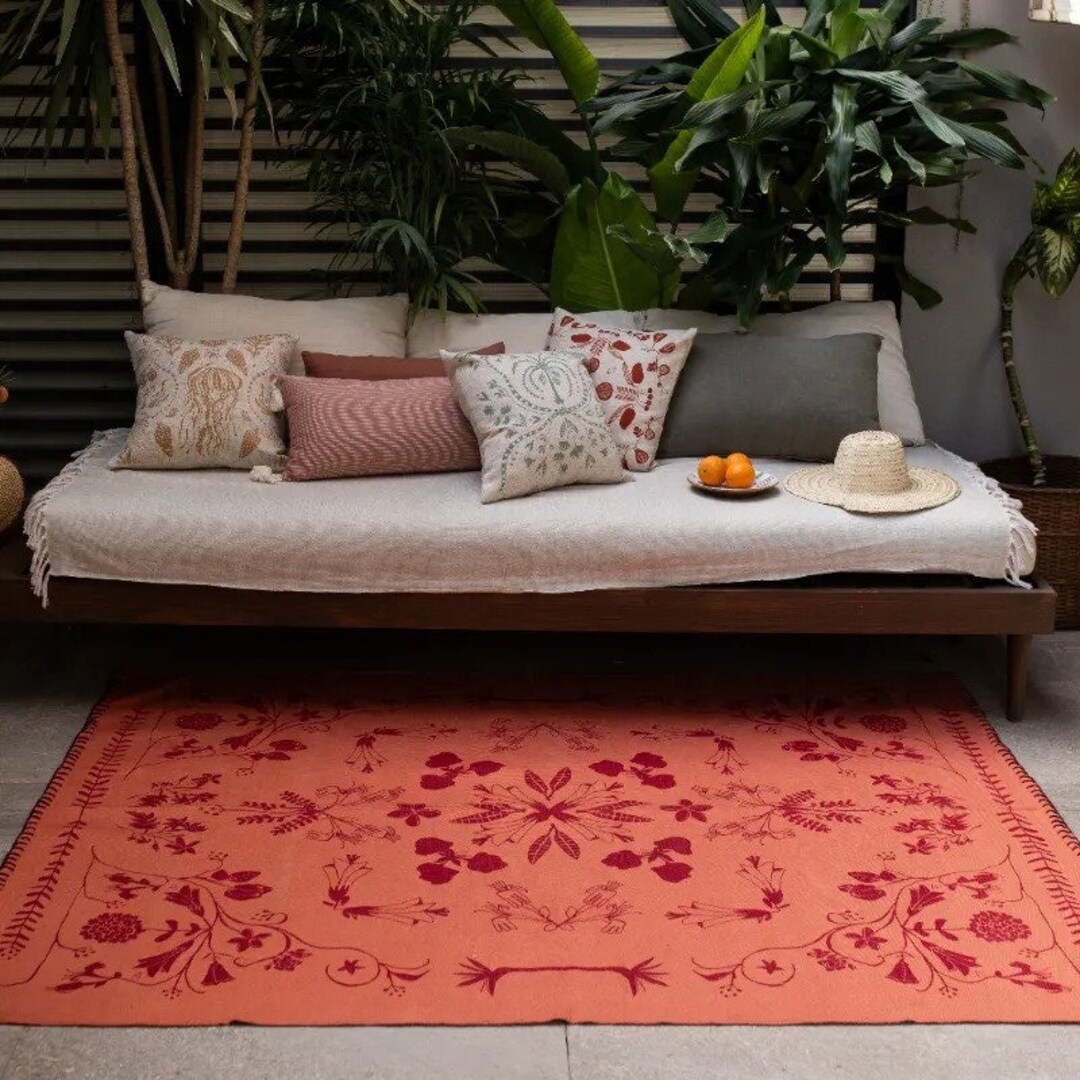 Coral Orange Hand Printed Flatwoven Cotton Kilim Rug | Coastal Home ...