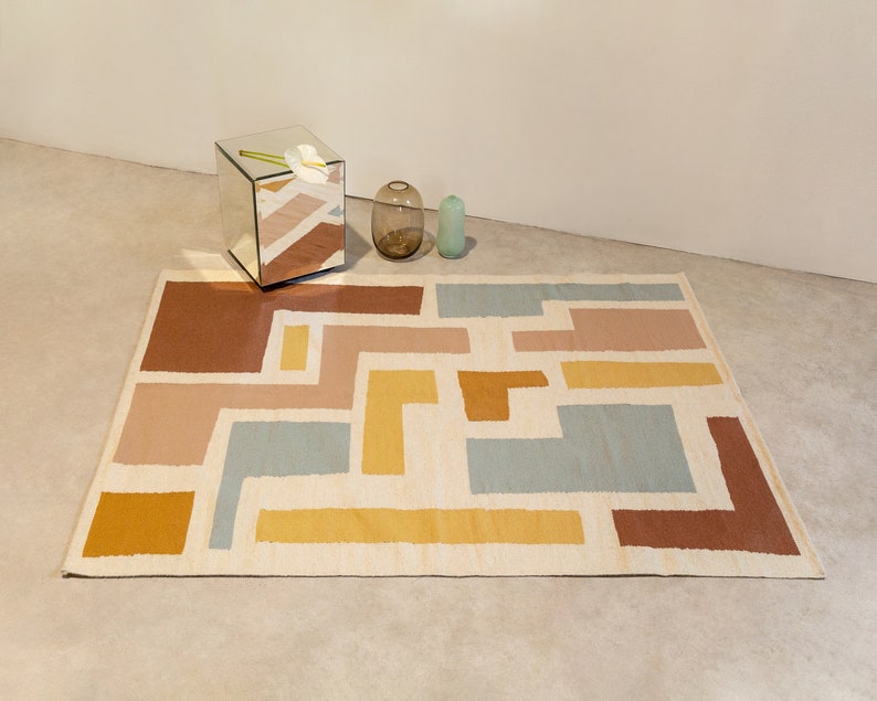 Colorful Abstract Flatwoven Wool Kilim Carpet Rug; Yellow Beige Mint ...