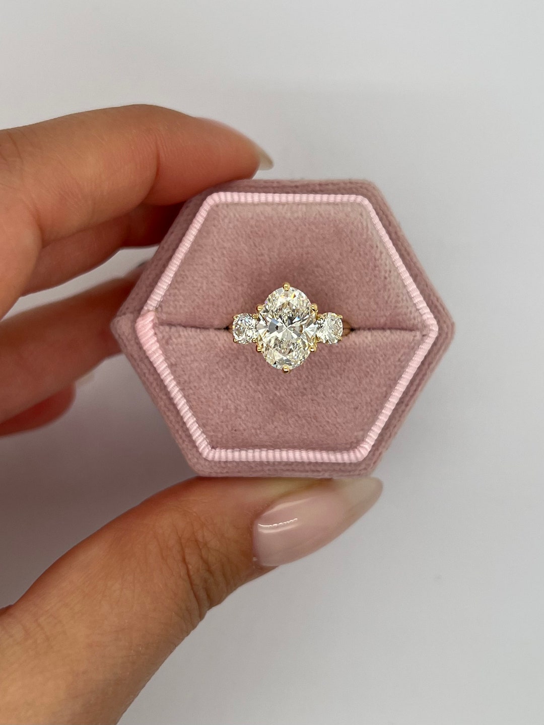 3 Carat E/VVS2 Oval Cut Three Stone Lab Grown Diamond Engagement Ring ...