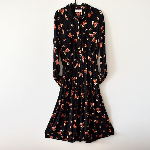 1980s Vintage Dark Floral Mandy Marsh Viscose Dress, … - Gem