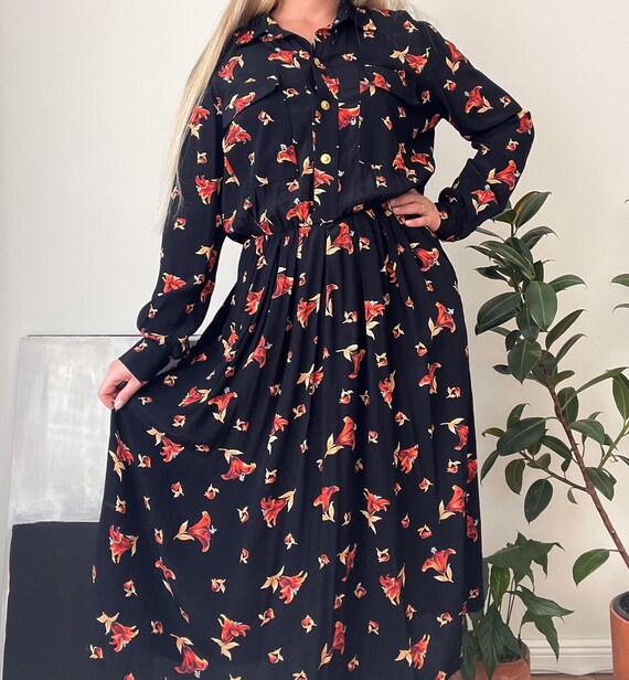 1980s Vintage Dark Floral Mandy Marsh Viscose Dress, … - Gem