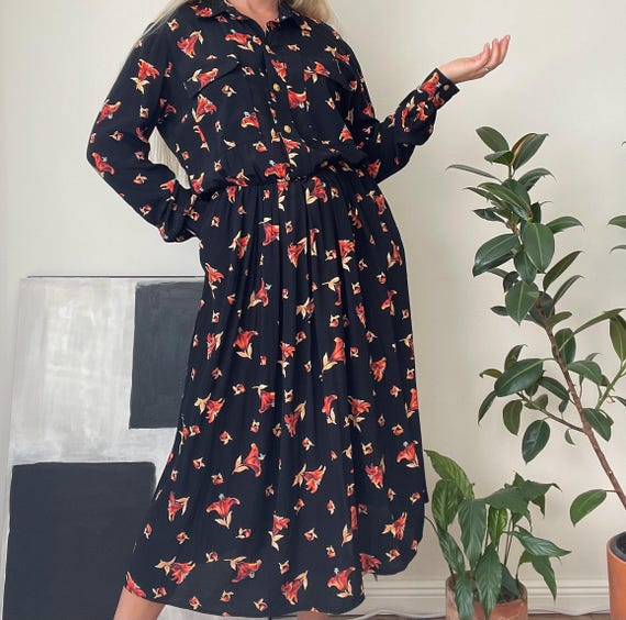 1980s Vintage Dark Floral Mandy Marsh Viscose Dress, … - Gem