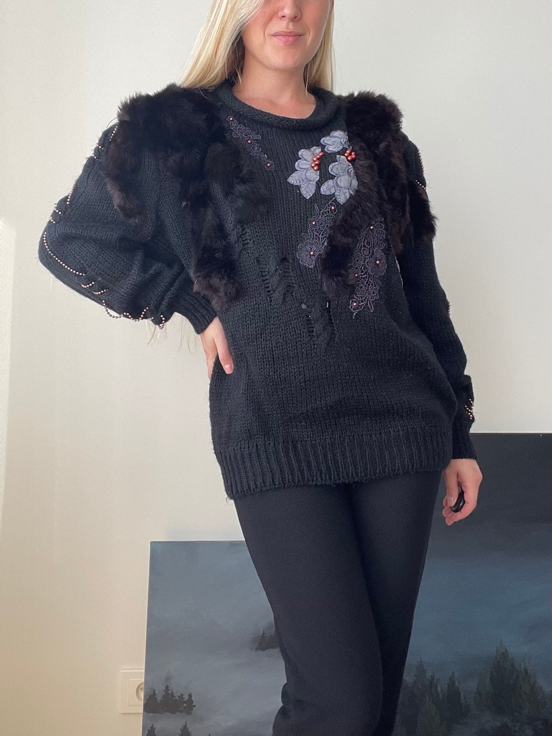 Vintage Black Hand Made by Edna Ross Sweater Embroidered Fur Embroidery ...