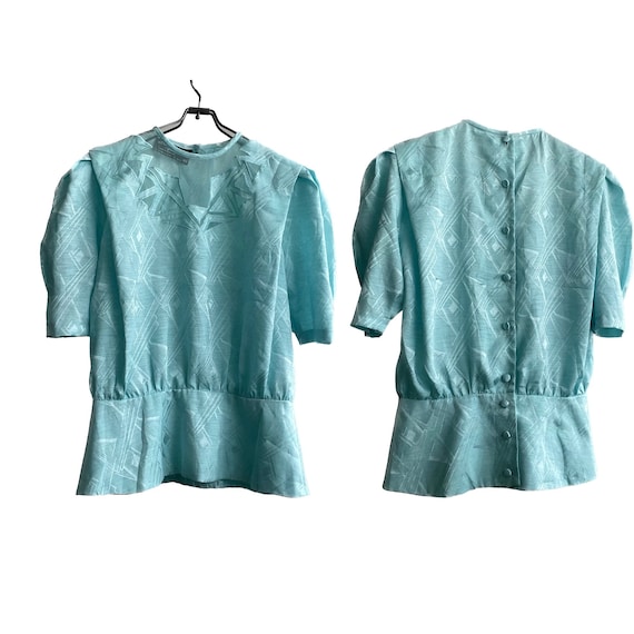 Vintage Peplum Blouse Mint Blue Top Back Button Closu… - Gem
