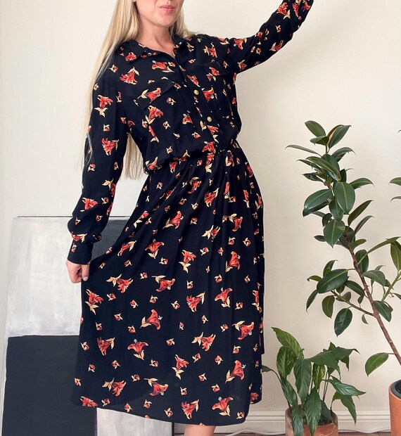1980s Vintage Dark Floral Mandy Marsh Viscose Dress, … - Gem