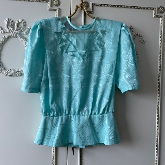 Vintage Peplum Blouse Mint Blue Top Back Button Closu… - Gem