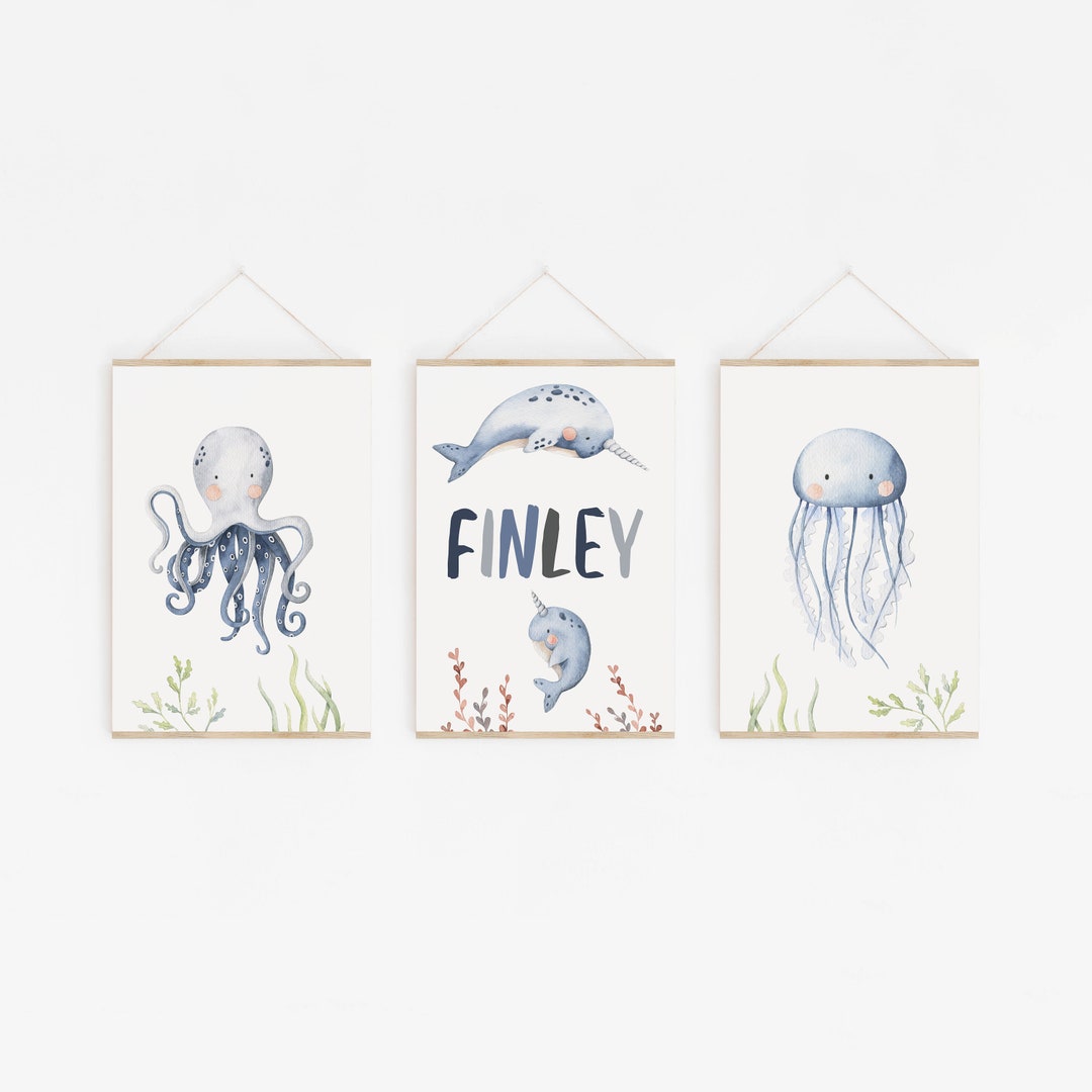 Set of 3 Underwater Theme Nursery Name Print, Nautical Animals Prints ...