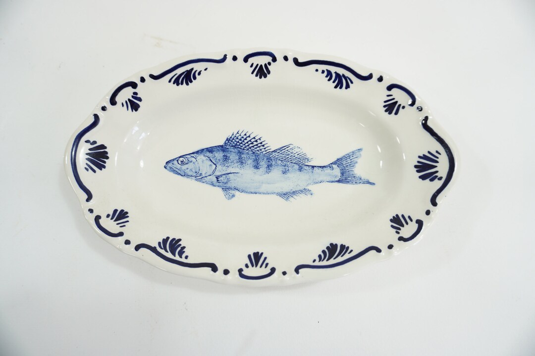 Delft's Oval Dish, Small Oval Delft Plate With Fish Design, Blue and ...