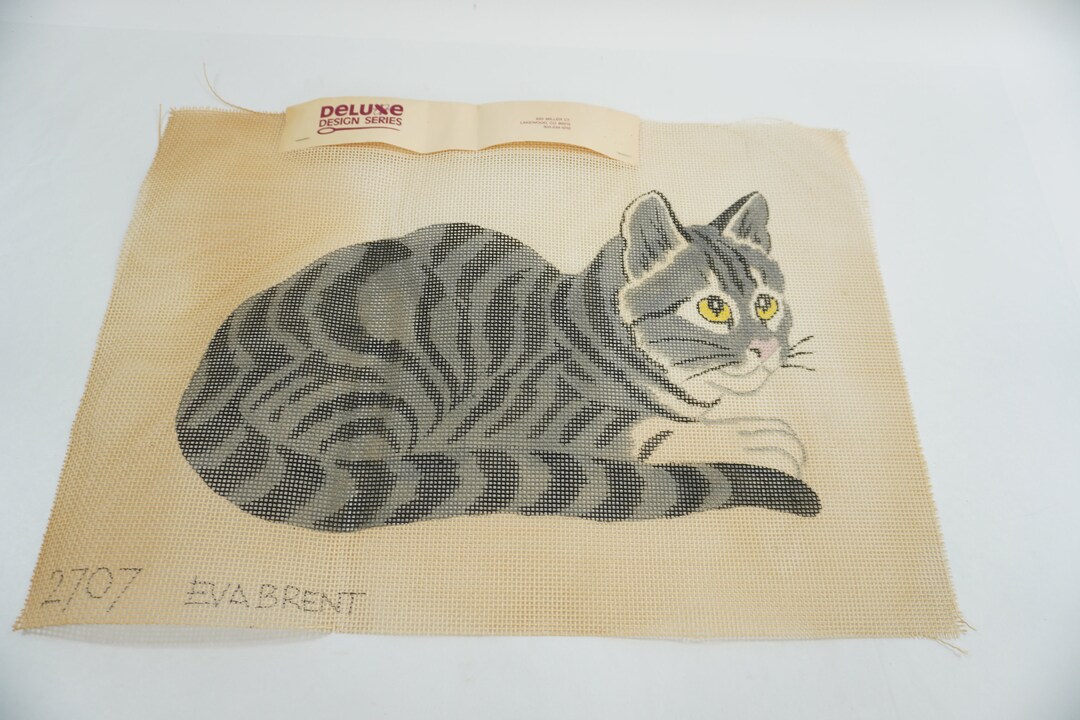 Eva Brent Cat Needlepoint, Vintage Cotton Canvas, No Thread or ...