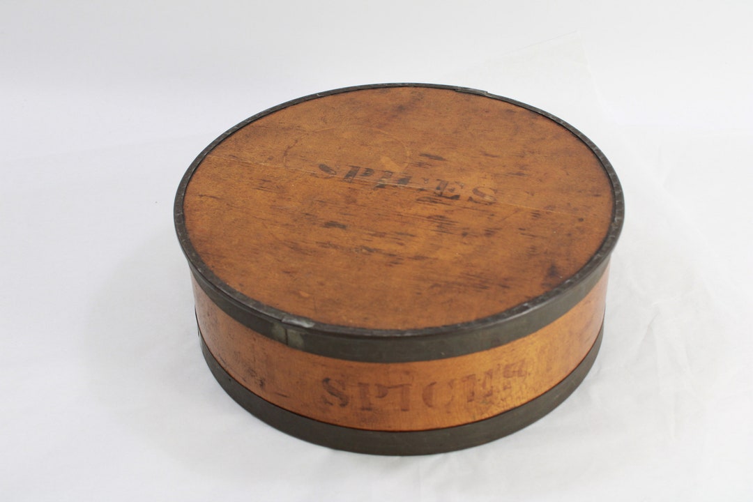 Primitive Spice Containers, 19th C Round Banded Bentwood, Stenciled ...