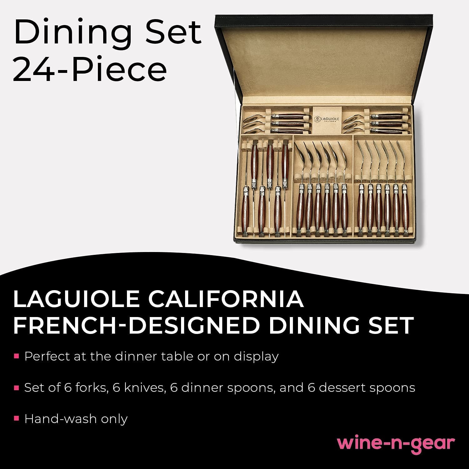 Laguiole California Silverware Cutlery Set - 24 Piece Rosewood Set ...