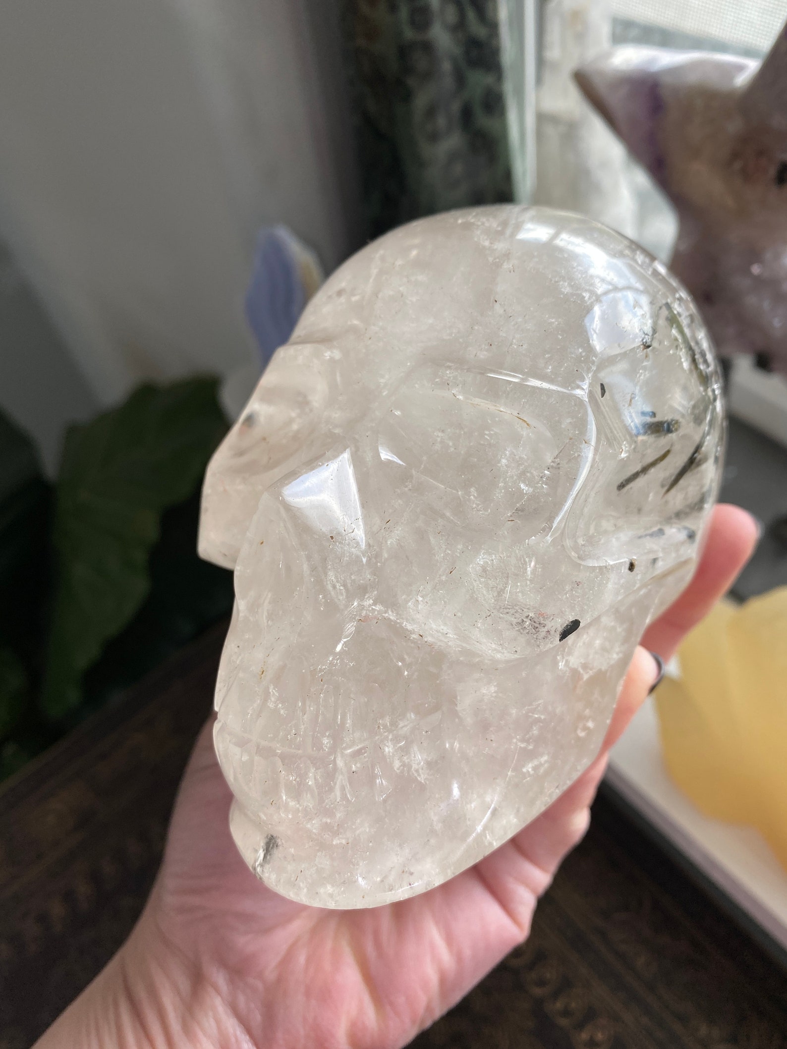Big Milky Quartz Skull Crystal Green and Black Tourmaline | Etsy