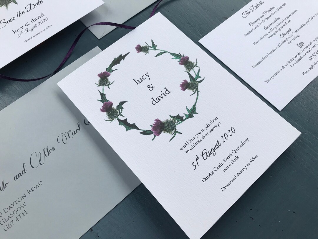 Thistle Wedding Invitations: Watercolor Wreath, Scottish & Irish Design ...