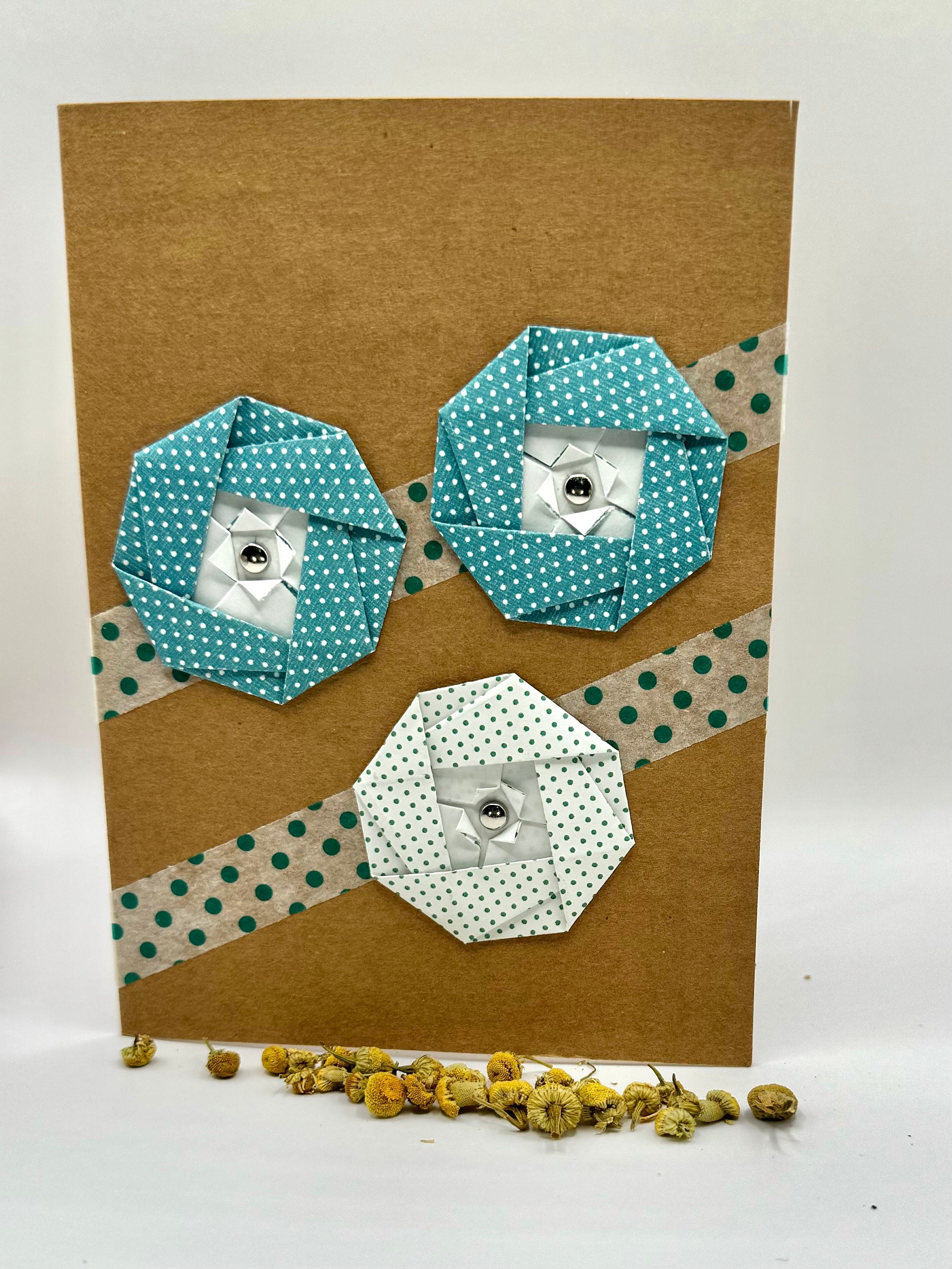 Two Toned Green and White Polka Dot Origami Flowers Handmade Greeting ...