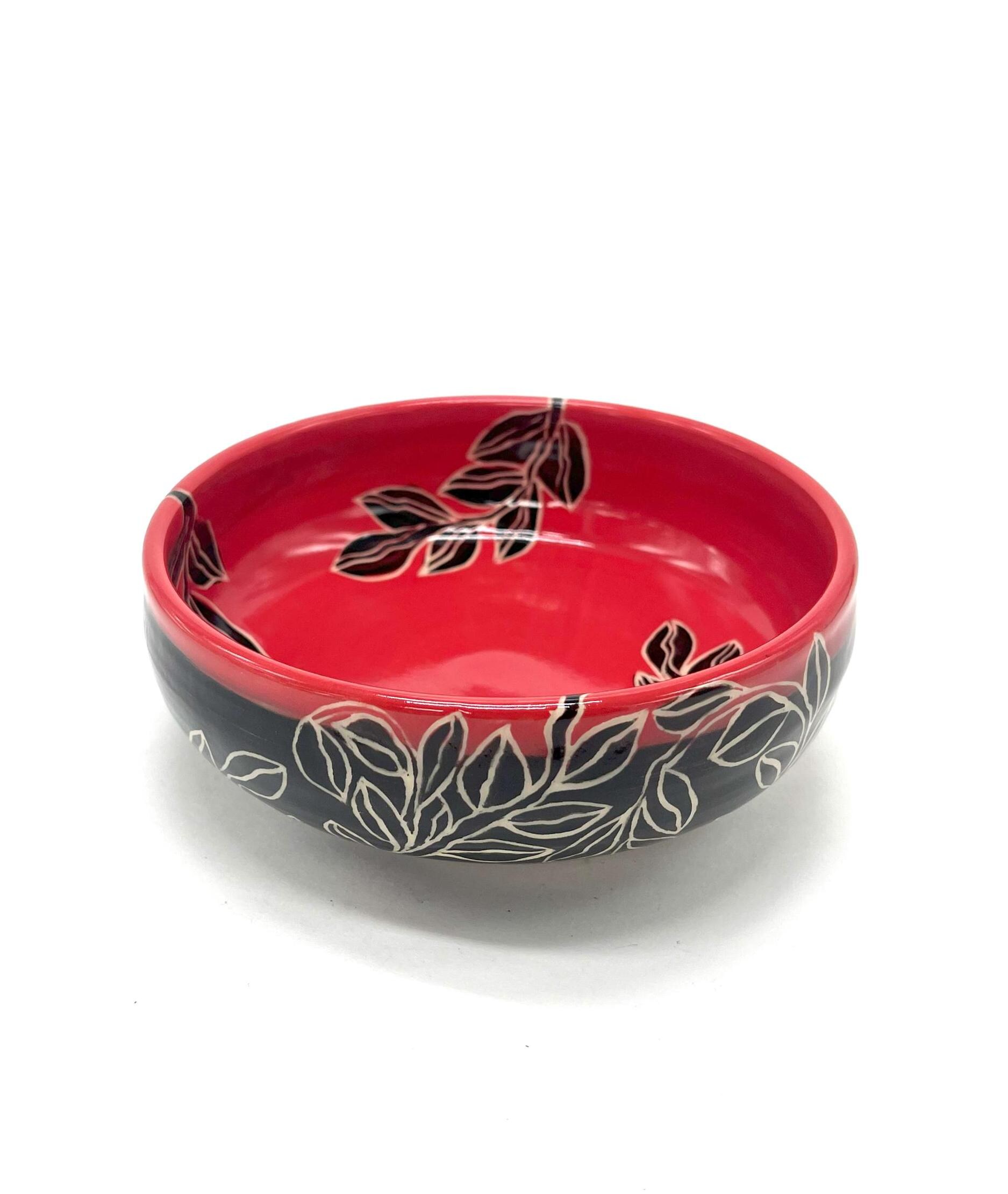 Ceramic Bowl: Red & Black Sgraffito Leaf Design - Etsy