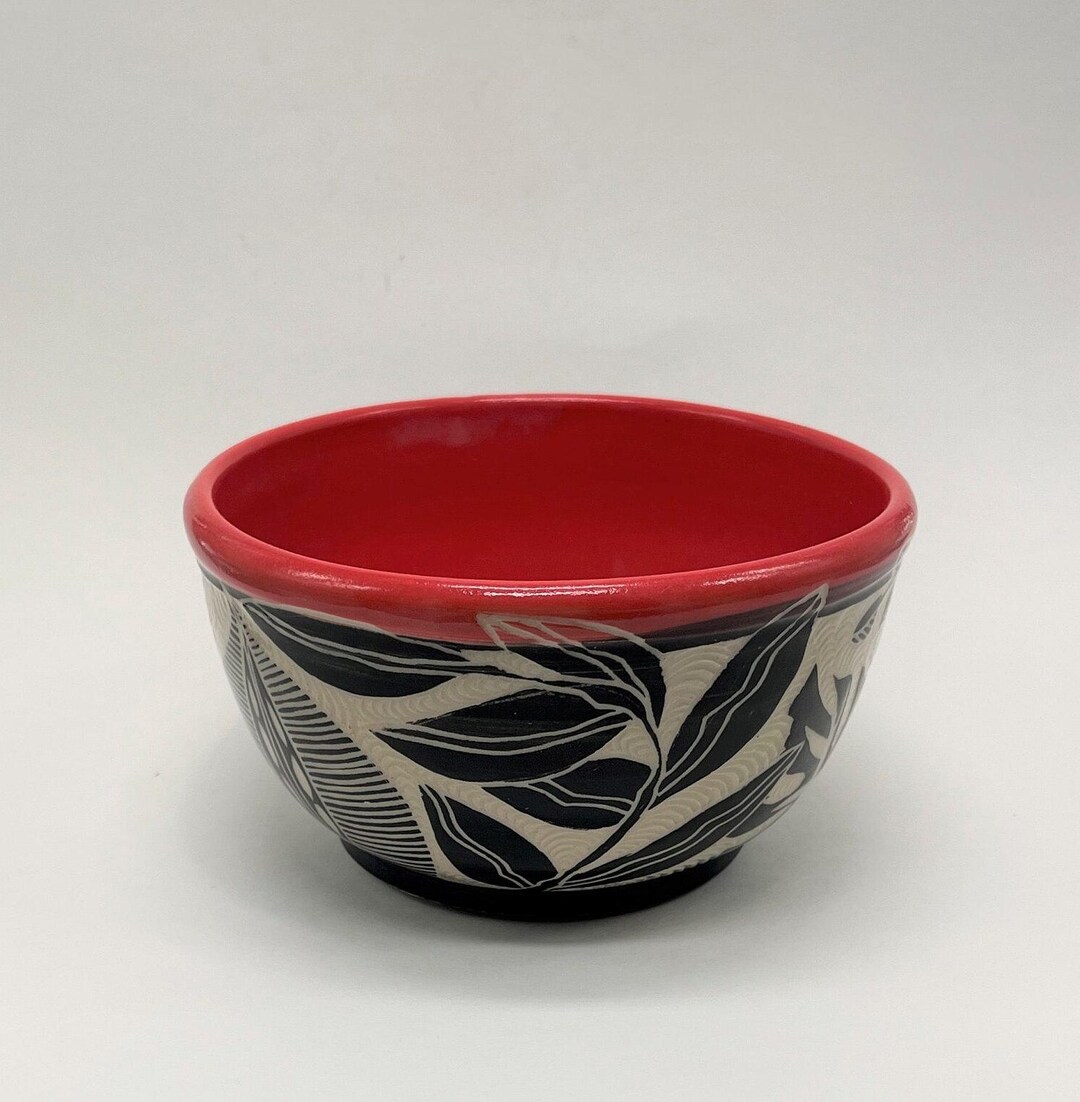 Red Ceramic Bowl: Sgraffito Leaf Design - Etsy