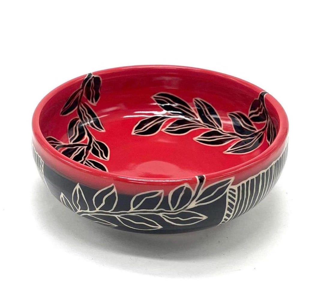 Ceramic Bowl: Red & Black Sgraffito Leaf Design - Etsy
