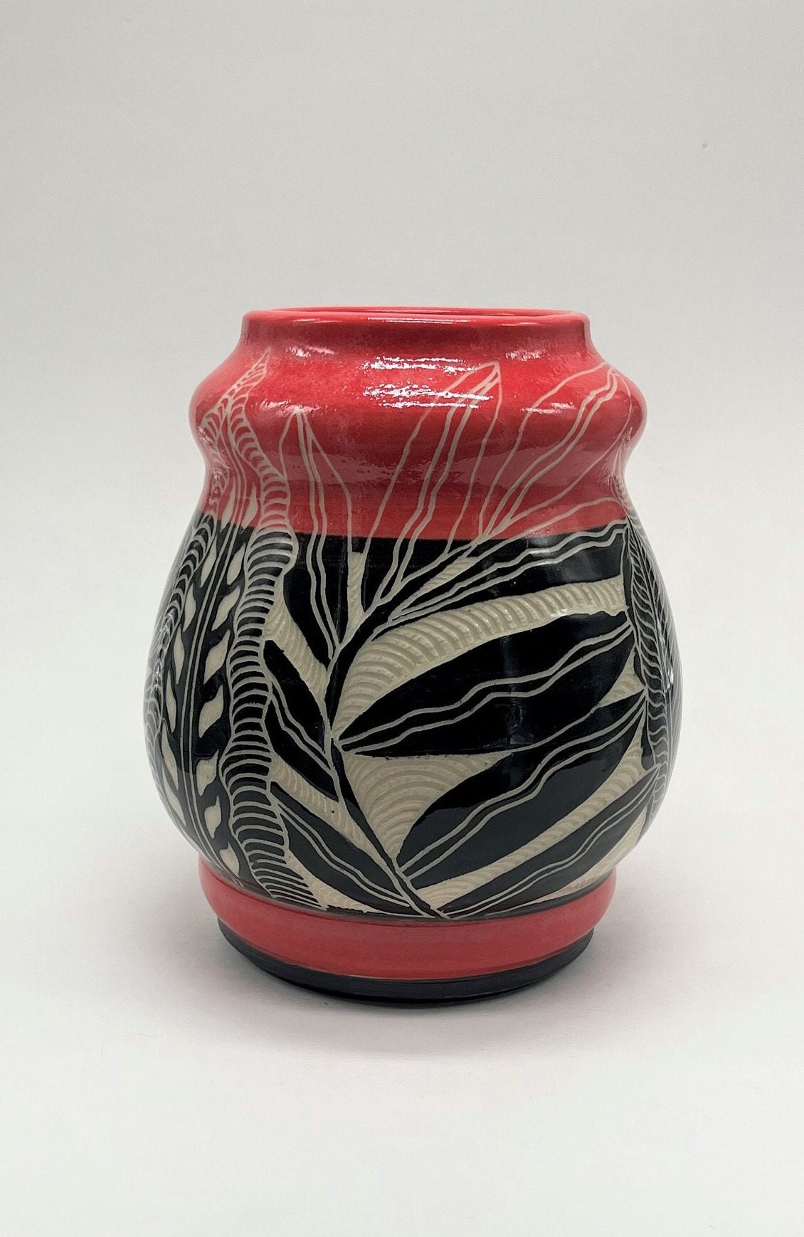 Ceramic Vase Red and Black With Hand Painted and Hand Carved Sgraffito ...