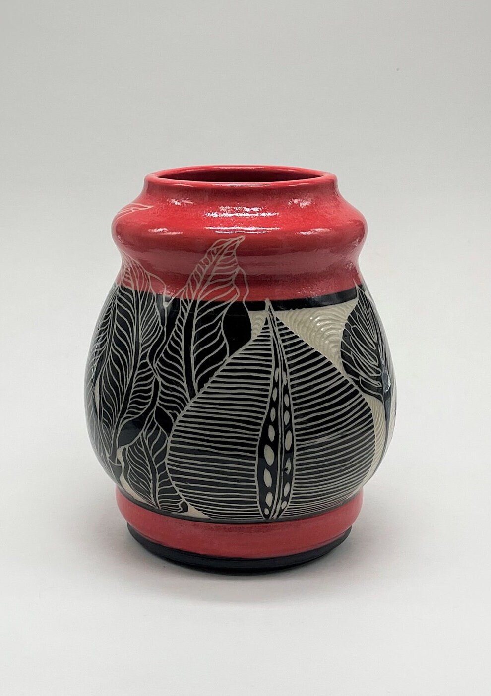 Ceramic Vase Red and Black With Hand Painted and Hand Carved Sgraffito ...