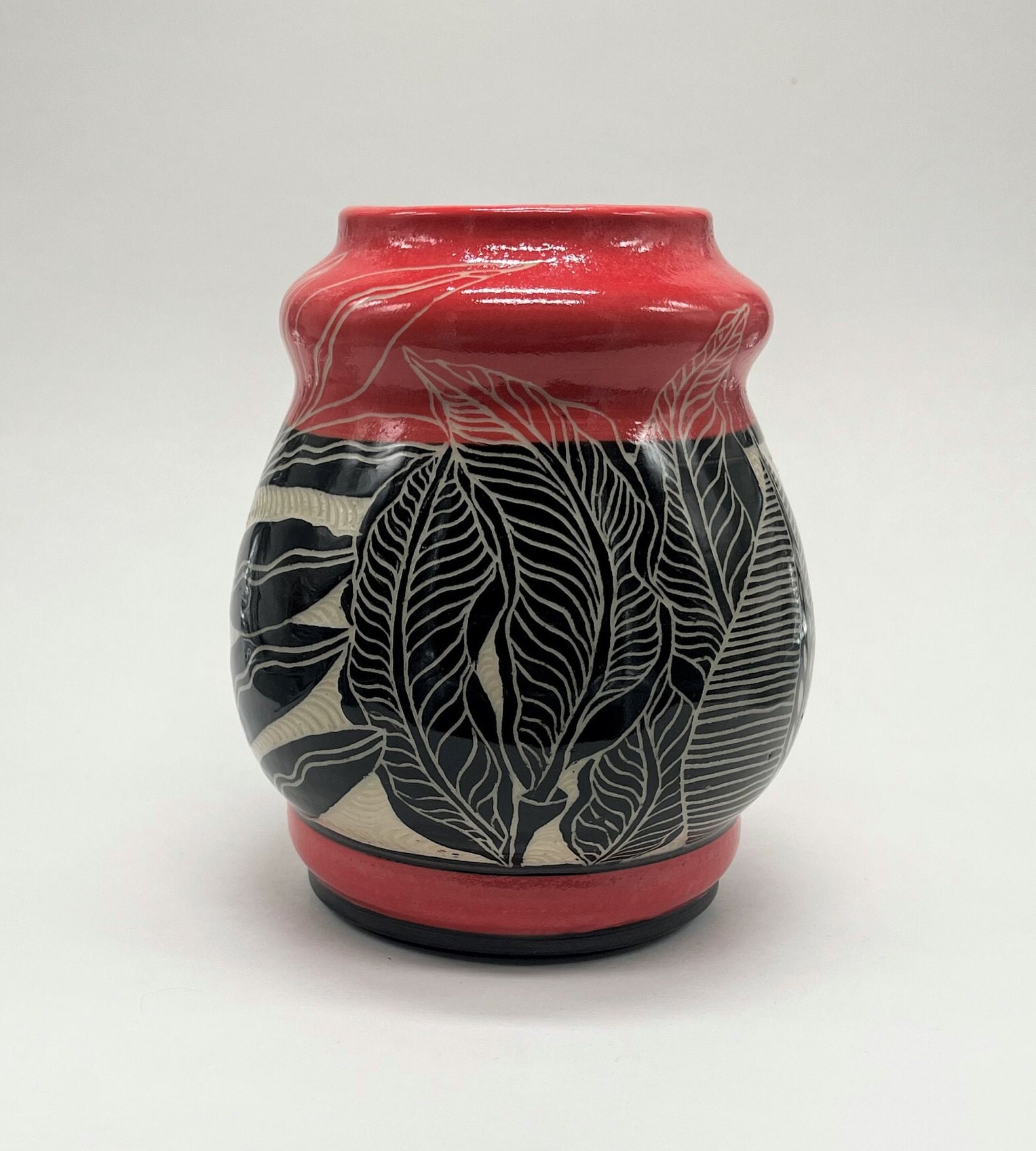 Ceramic Vase Red and Black With Hand Painted and Hand Carved Sgraffito ...