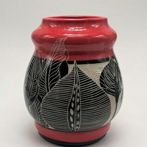 Ceramic Vase Red and Black With Hand Painted and Hand Carved Sgraffito ...
