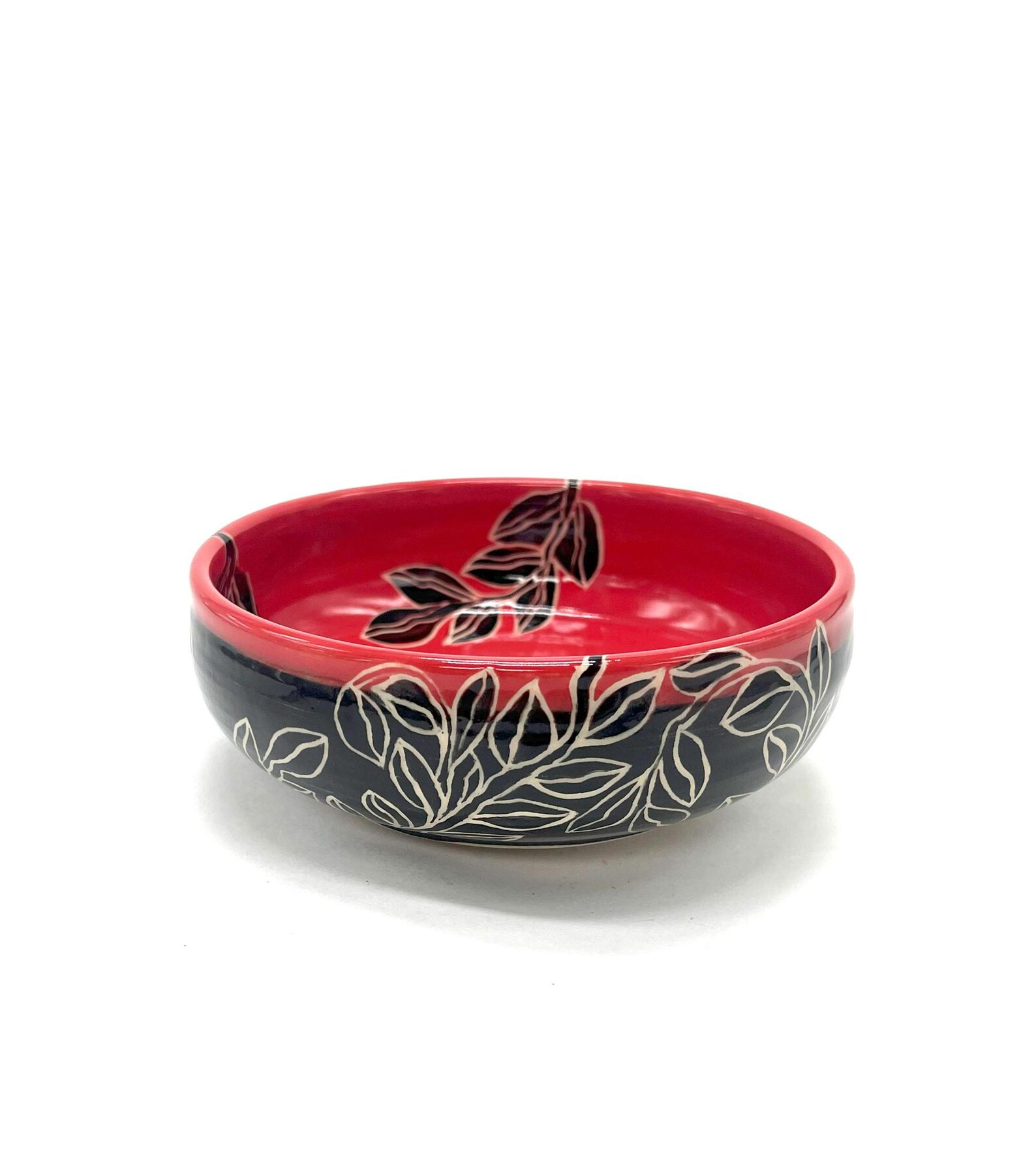 Ceramic Bowl: Red & Black Sgraffito Leaf Design - Etsy