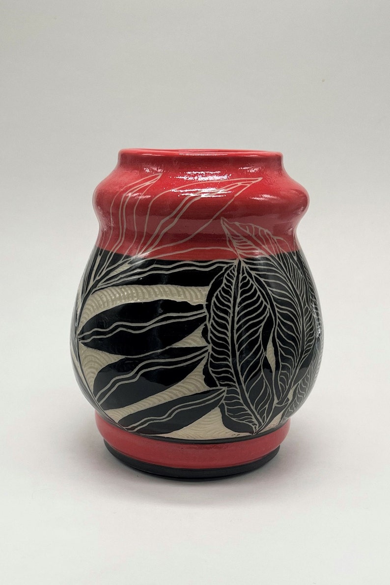 Ceramic Vase Red and Black With Hand Painted and Hand Carved Sgraffito ...