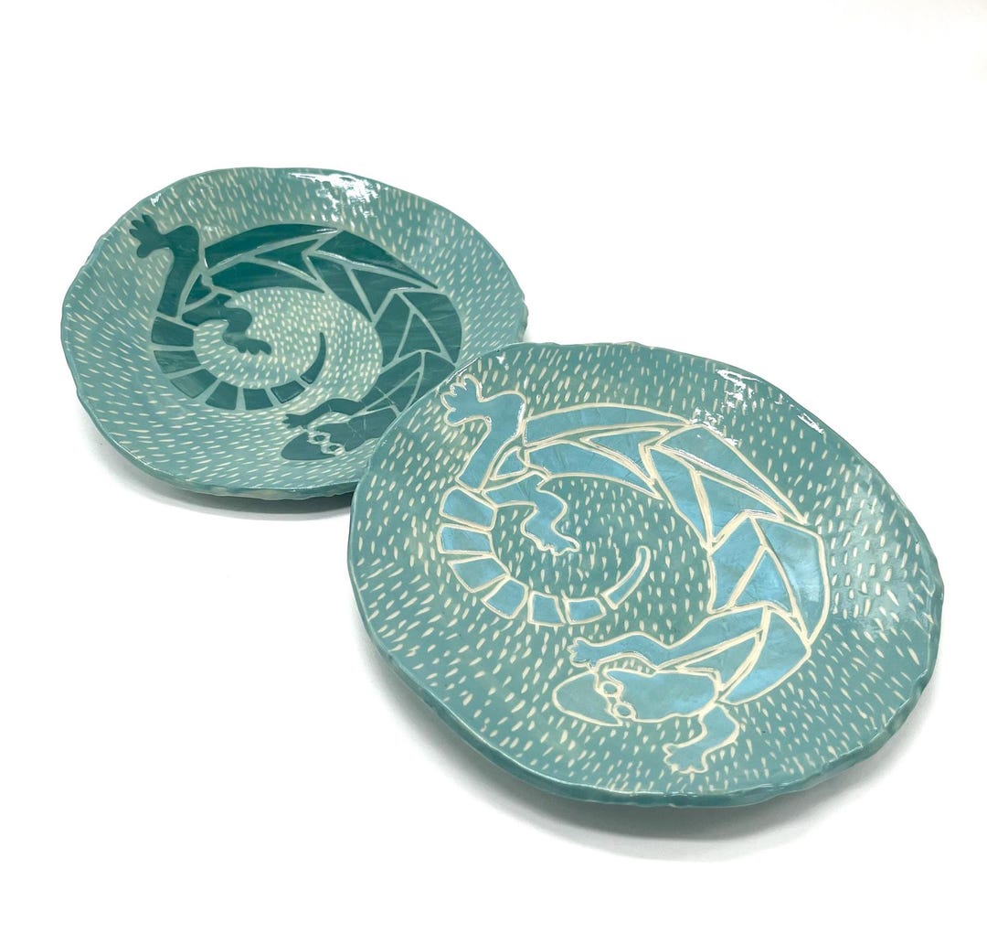 Ceramic Serving Tray/appetizer Tray Matching Set in Sgraffito Lizard ...