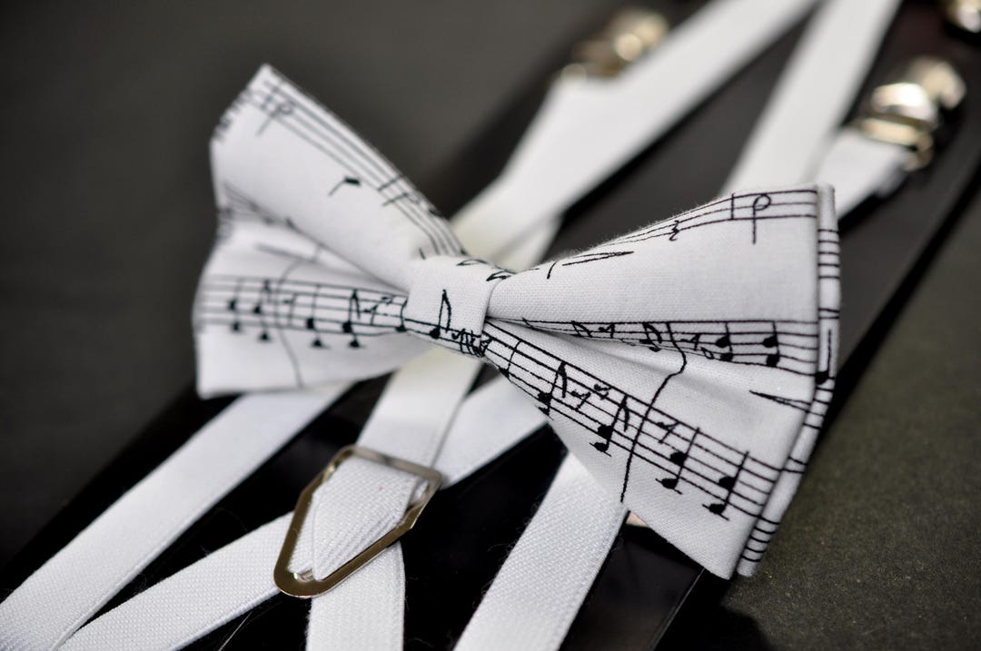 Black White Sheet Music Notes Bow Tie Bowtie + White X-BACK 15mm Skinny ...