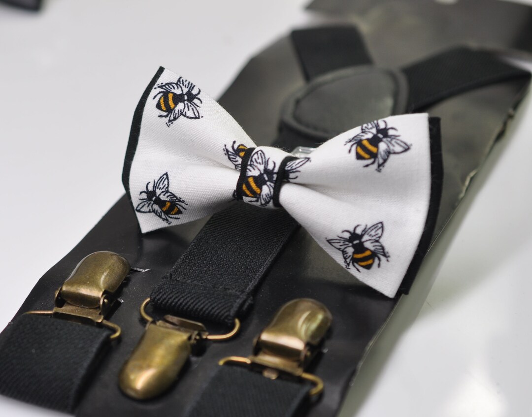 Black Yellow White Bees Bee Print Pretied Bow Tie Bowtie+ Black Elastic ...