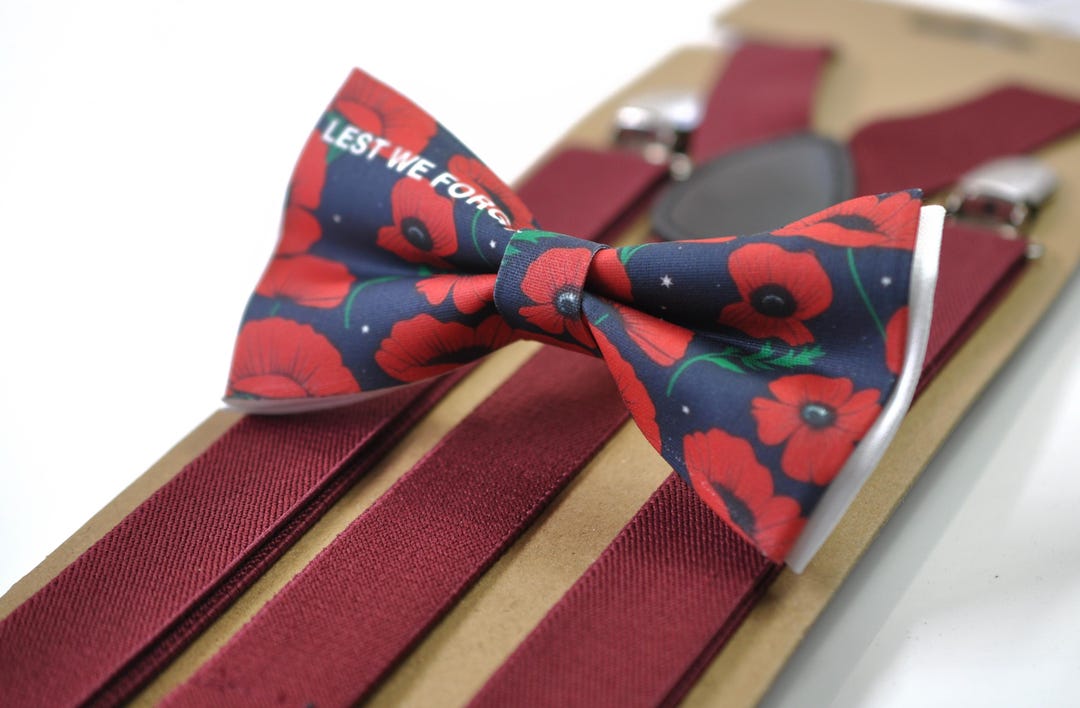 Anzac Day LEST WE FORGET Poppy Cotton Bow Tie + Wine Red Elastic ...