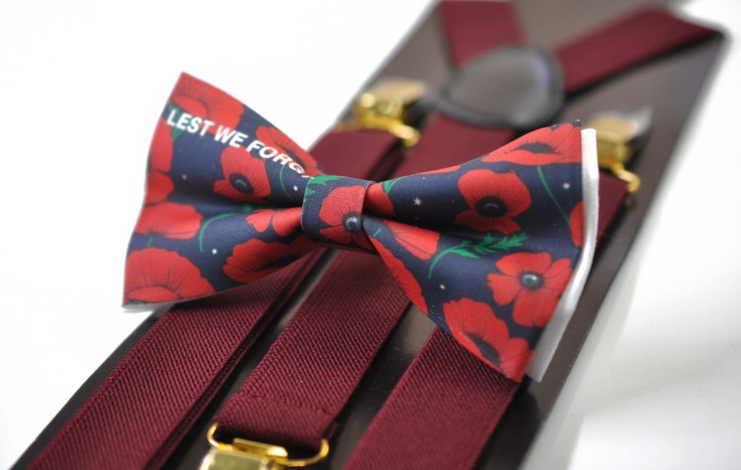 Anzac Day LEST WE FORGET Poppy Cotton Bow Tie + Wine Red Elastic ...