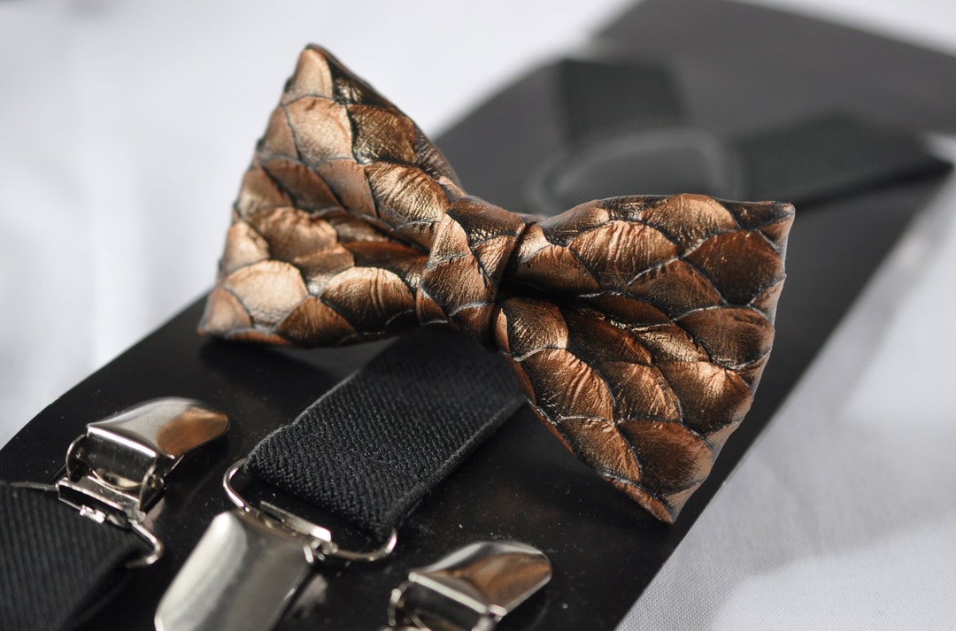 Copper Brown Dragon Squama Fish Scales Faux Leather Bow Tie Black ...