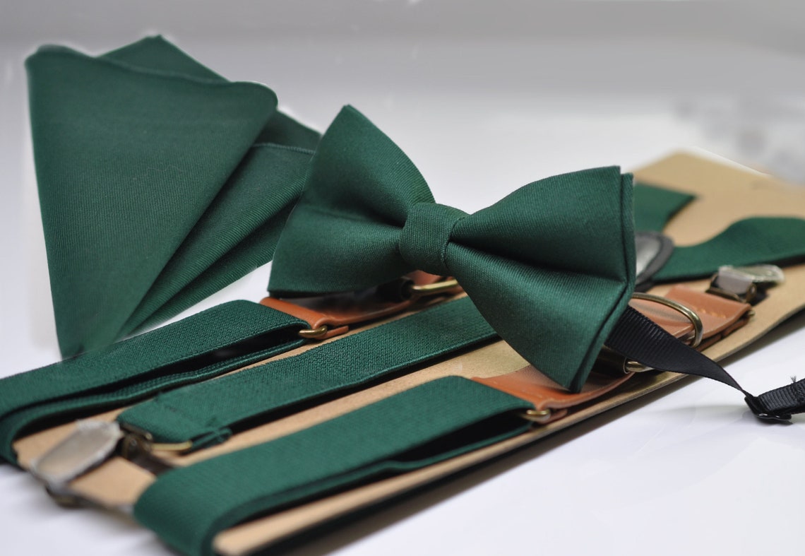 Dark Emerald Green Cotton Bow Tie + Elastic Suspenders Braces + Pocket ...