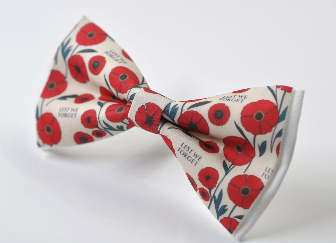 Anzac Day LEST WE FORGET Poppy Pattern Cotton Ivory Red Bow Tie Bowtie ...