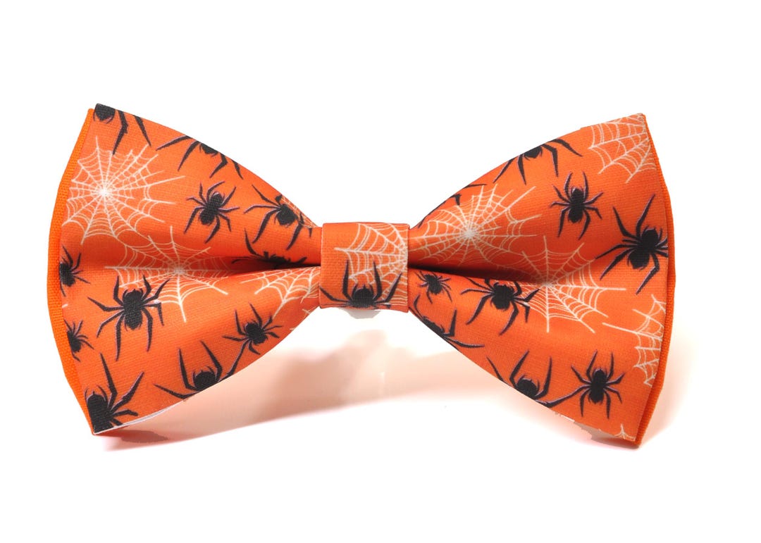 Halloween Bow Tie – Black Spiders Web Print – Orange Handmade Bowtie ...