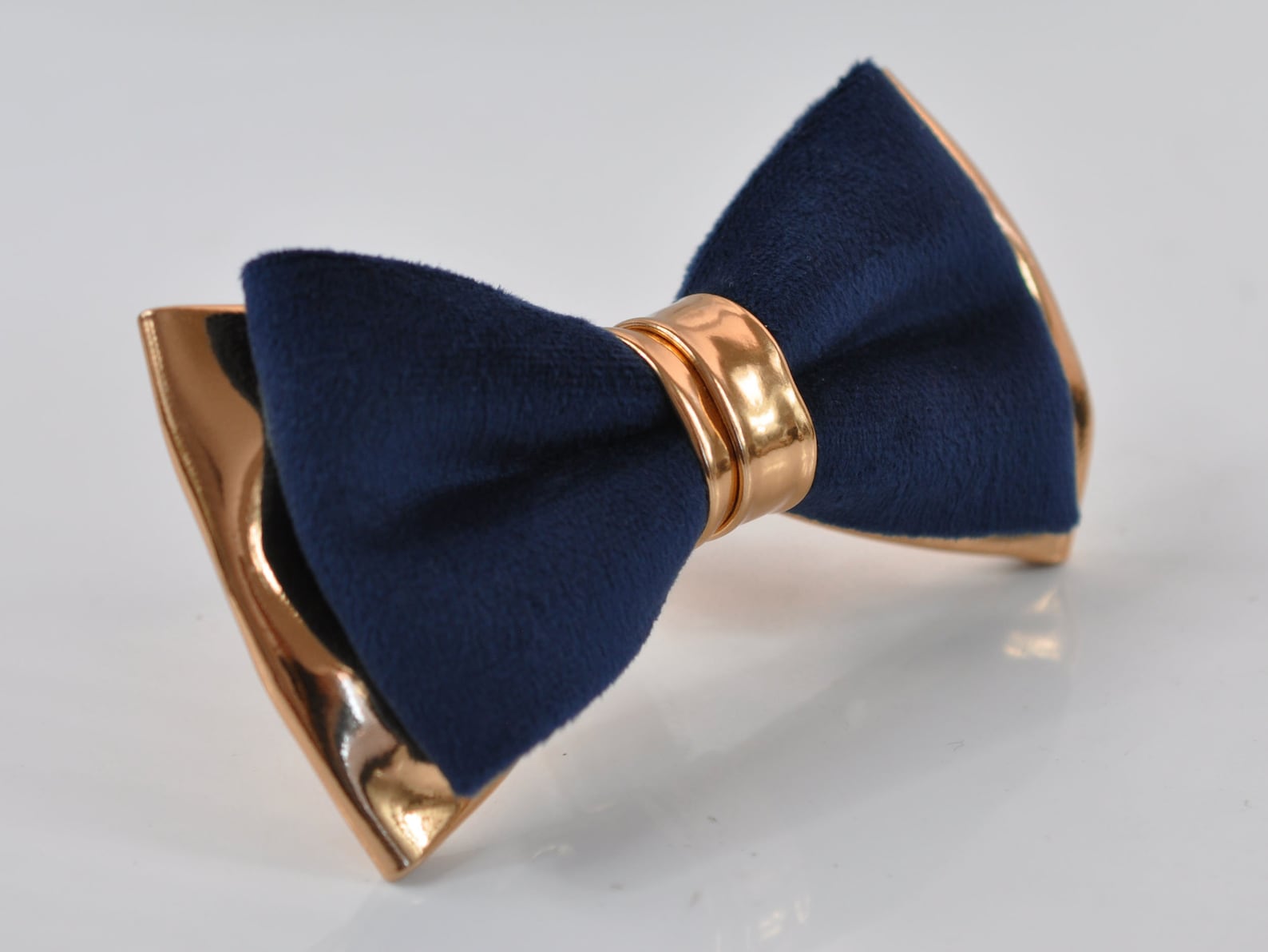 Navy Blue Velvet + Rose Gold Golden Faux Leather 2 Layers Bow Tie ...