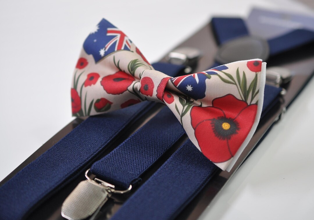Anzac Day Australia Flag Poppy Cotton Bow Tie + Navy Blue Elastic ...